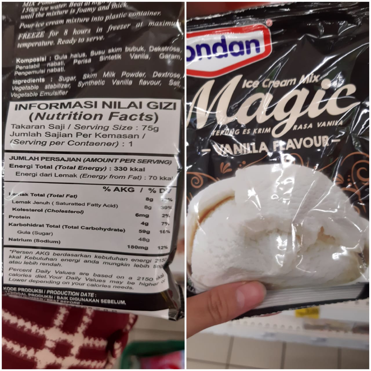 Nilai kandungan gizi Pondan ice cream mix magic rasa vanilla