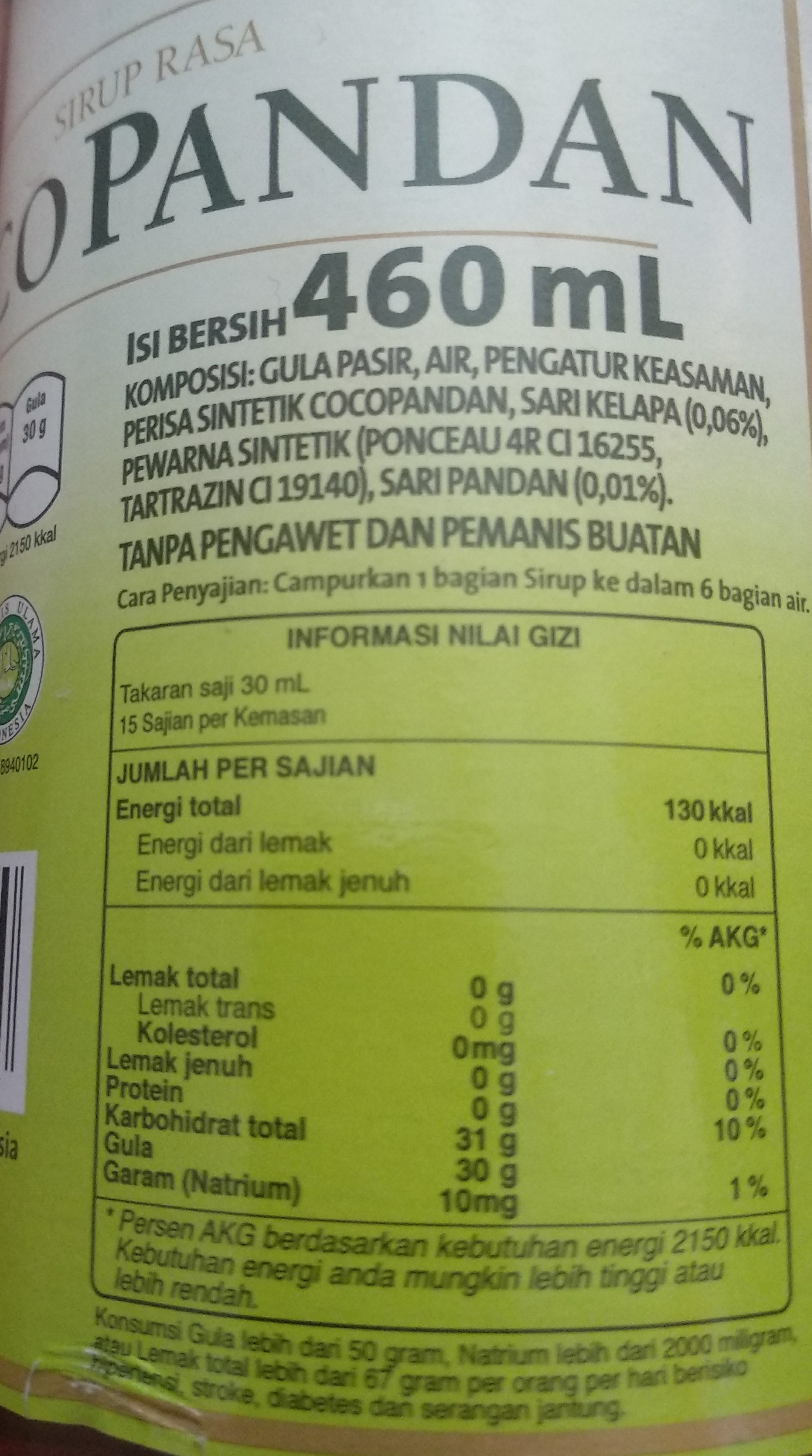 Nilai kandungan gizi Marjan Coco Pandan