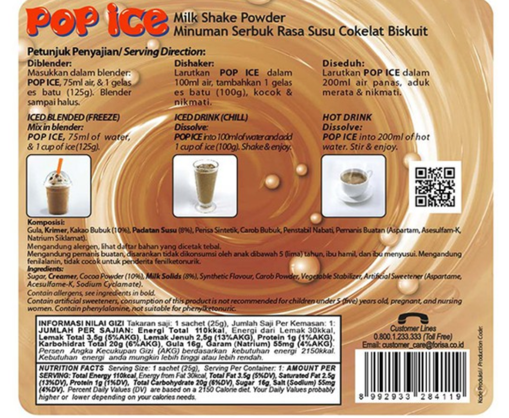 Nilai kandungan gizi Pop Ice Cokelat Biskuit