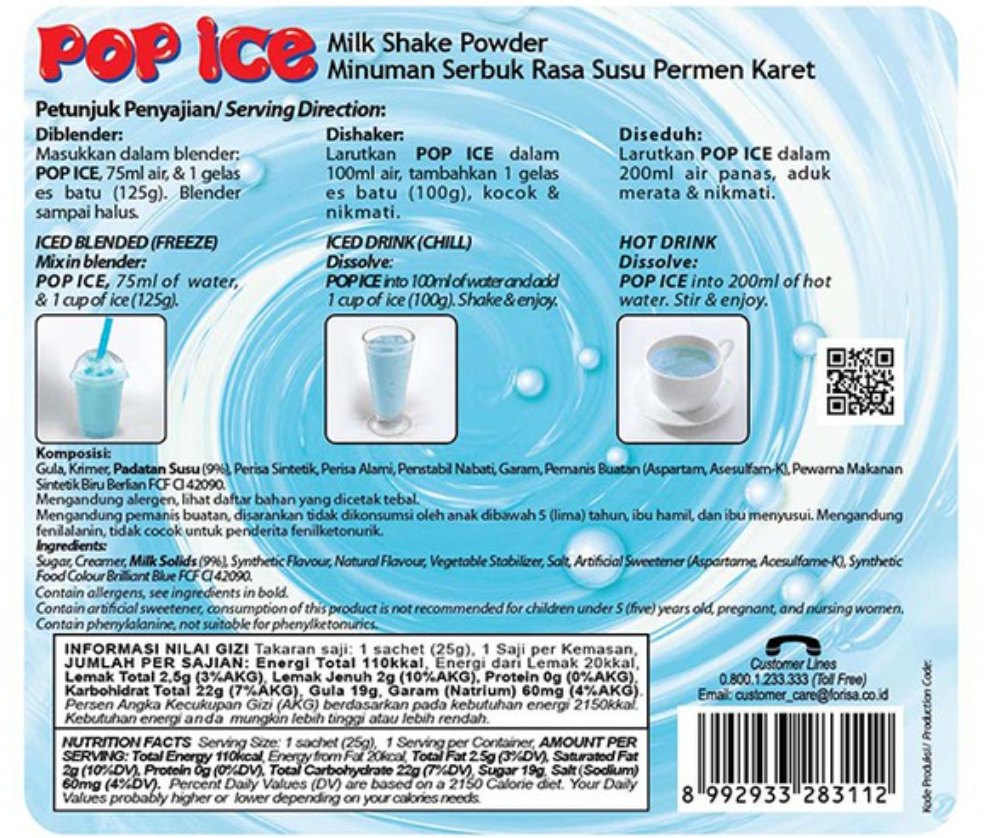 Nilai kandungan gizi Pop Ice Permen Karet