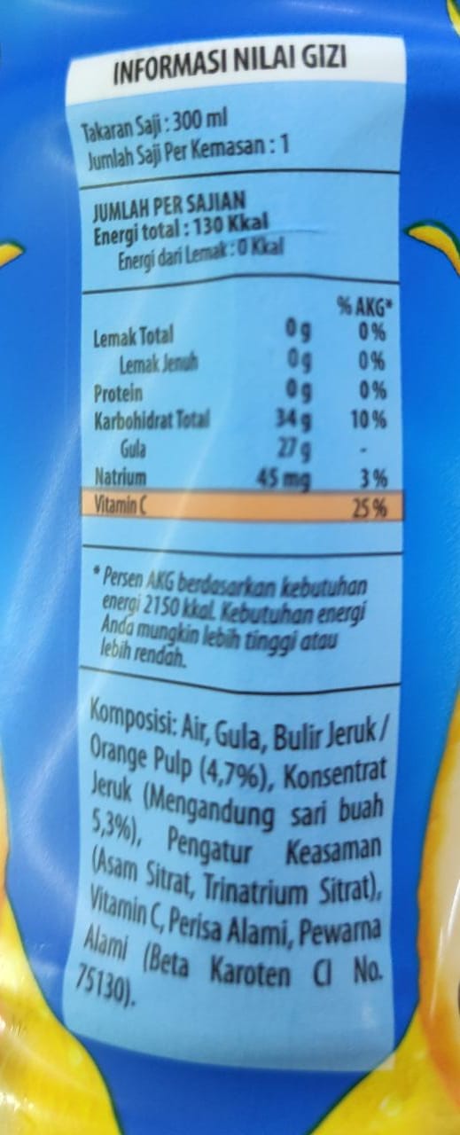 Nilai kandungan gizi Minute Maid Pulpy rasa jeruk