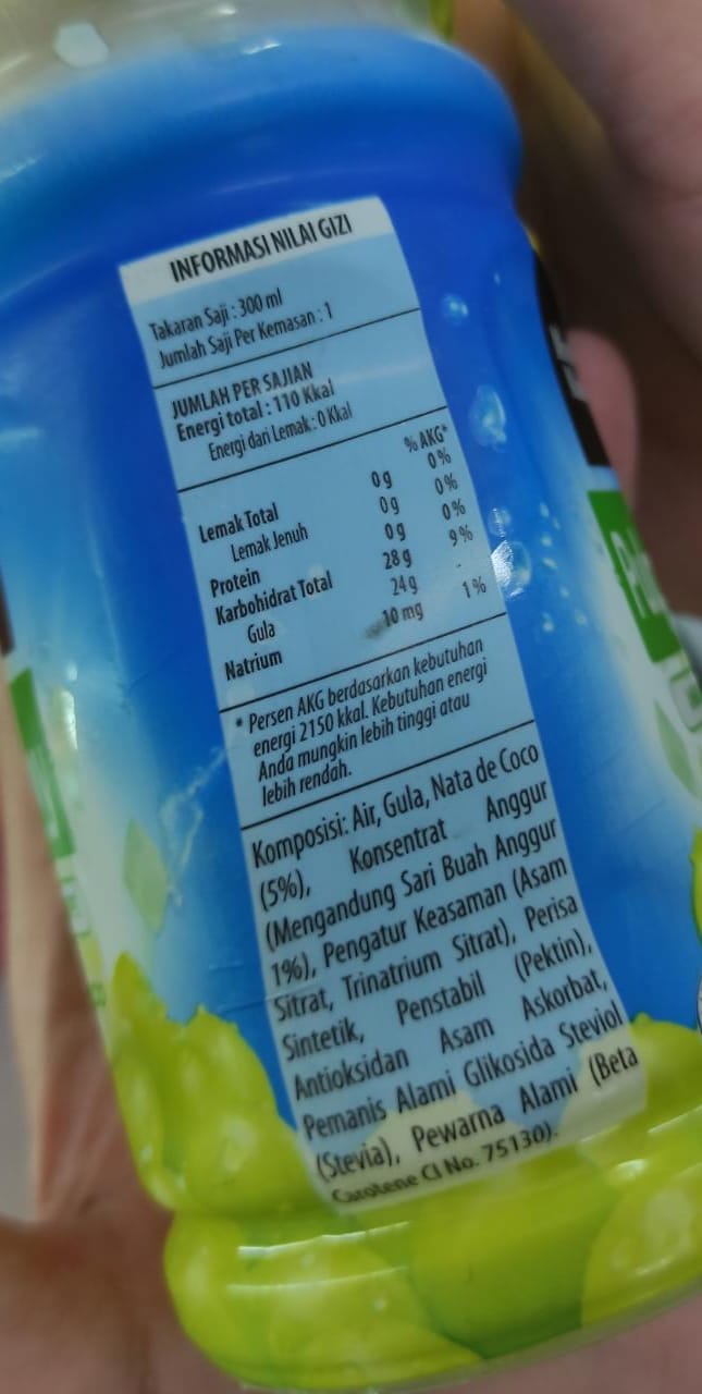 Nilai kandungan gizi Minute Maid Pulpy rasa anggur dengan nata de coco