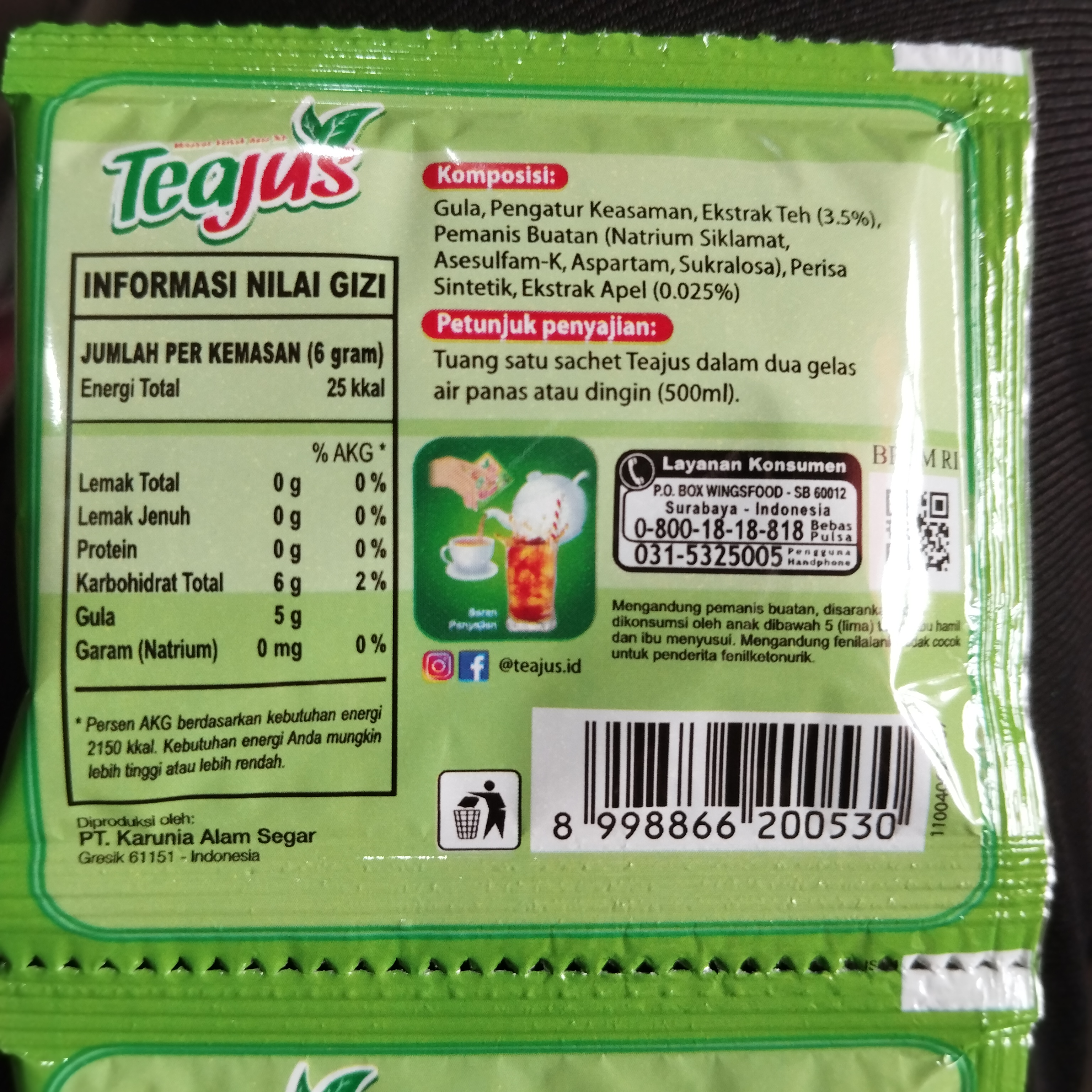 Nilai kandungan gizi Teajus Rasa Apel