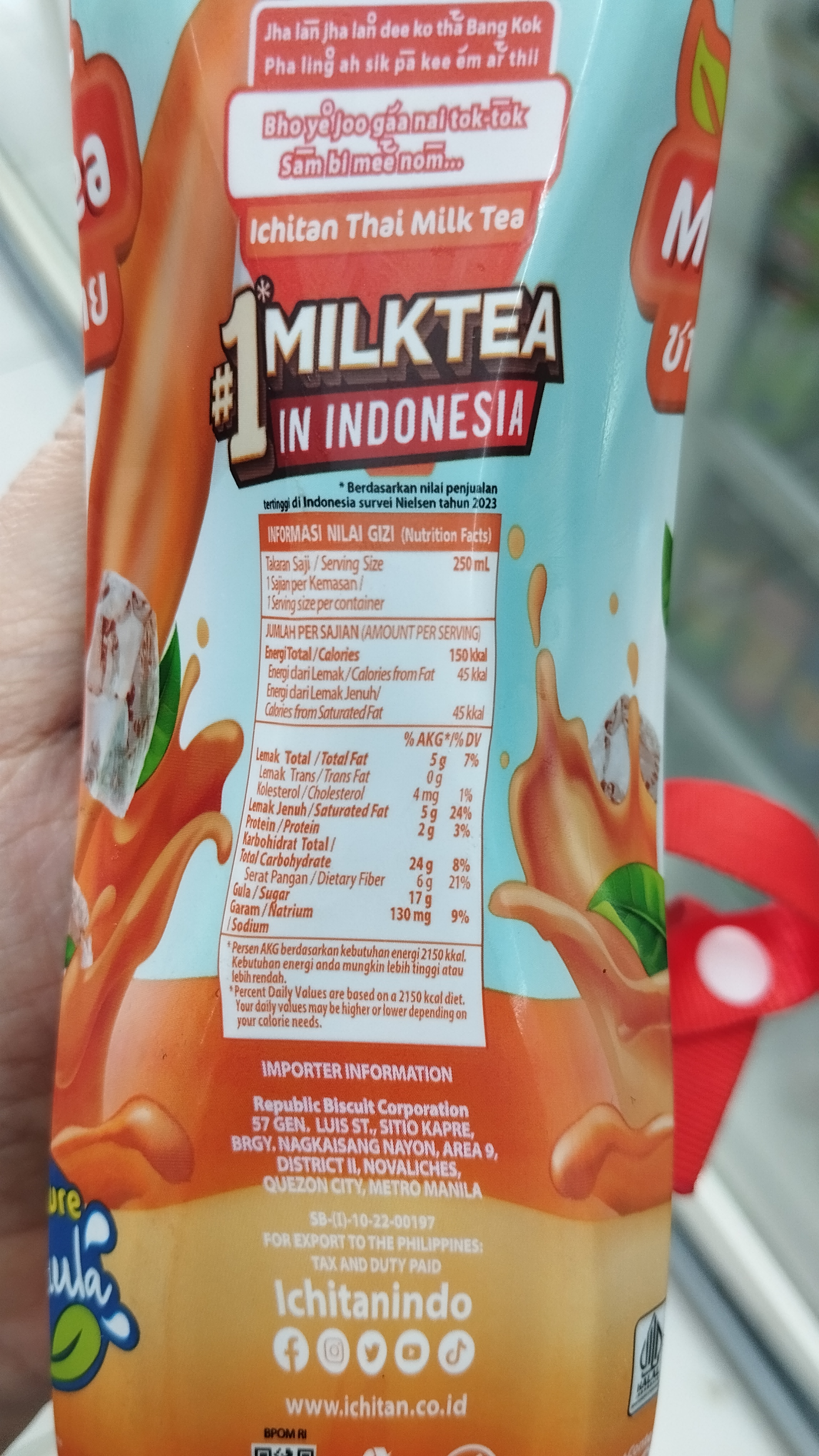 Nilai kandungan gizi Ichitan Thai Milk Tea