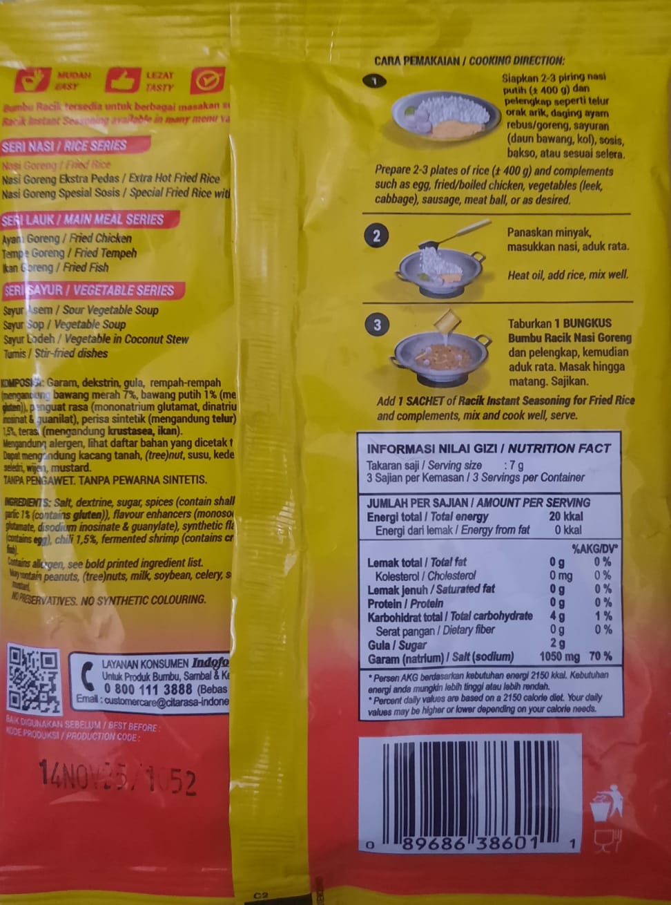 Nilai kandungan gizi Indofood Racik Bumbu Nasi Goreng
