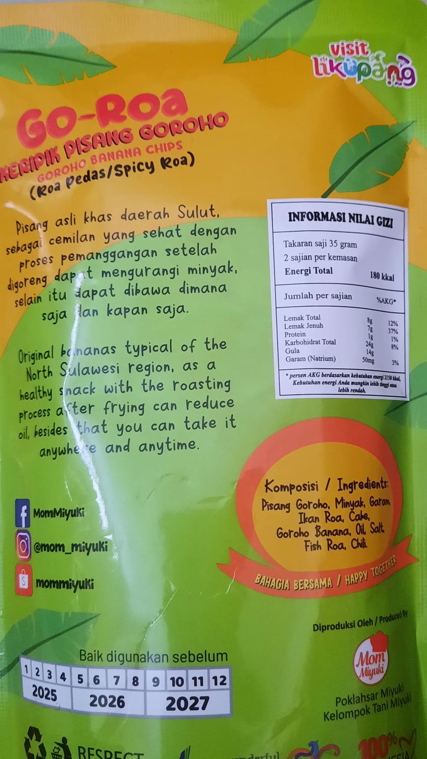 Nilai kandungan gizi Mom Miyuki Go Roa Keripik Pisang Goroho (Roa Pedas)