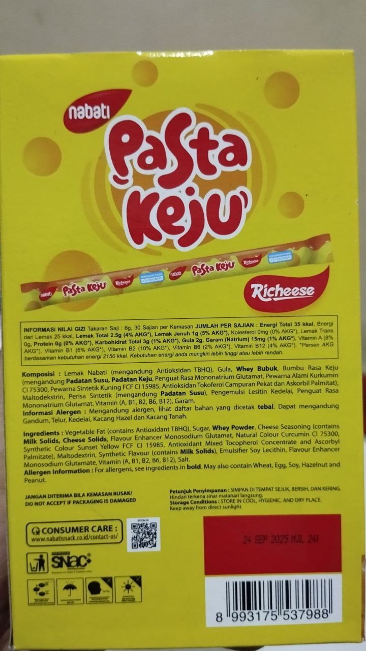 Nilai kandungan gizi Nabati Pasta Keju