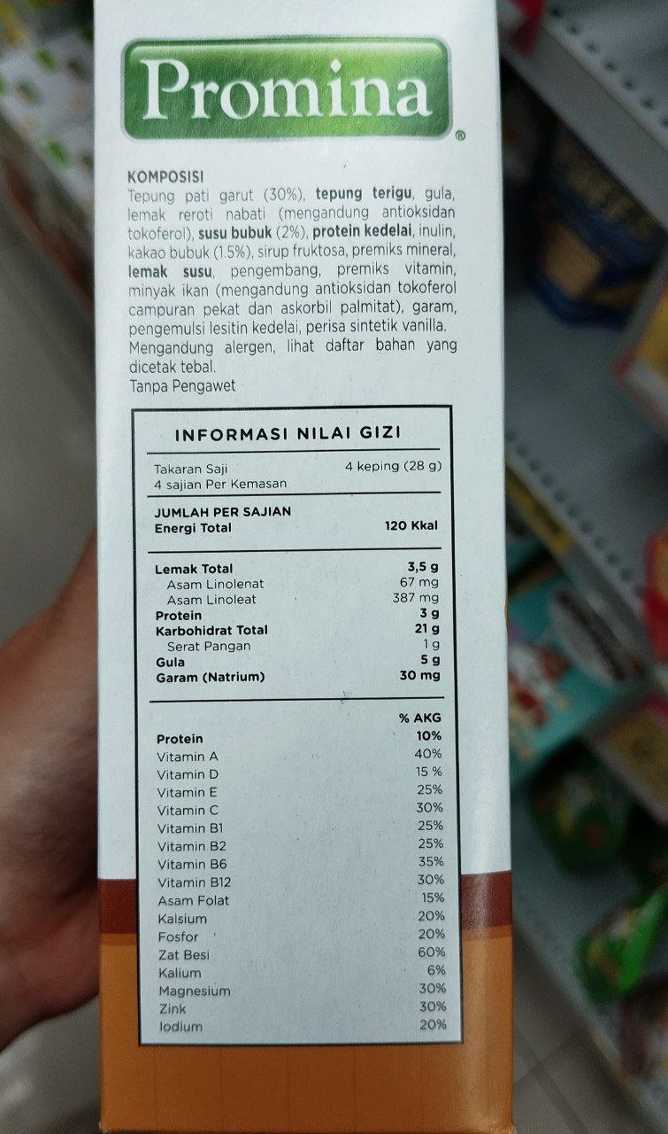 Nilai kandungan gizi Promina Arrowroot Biscuit Coklat