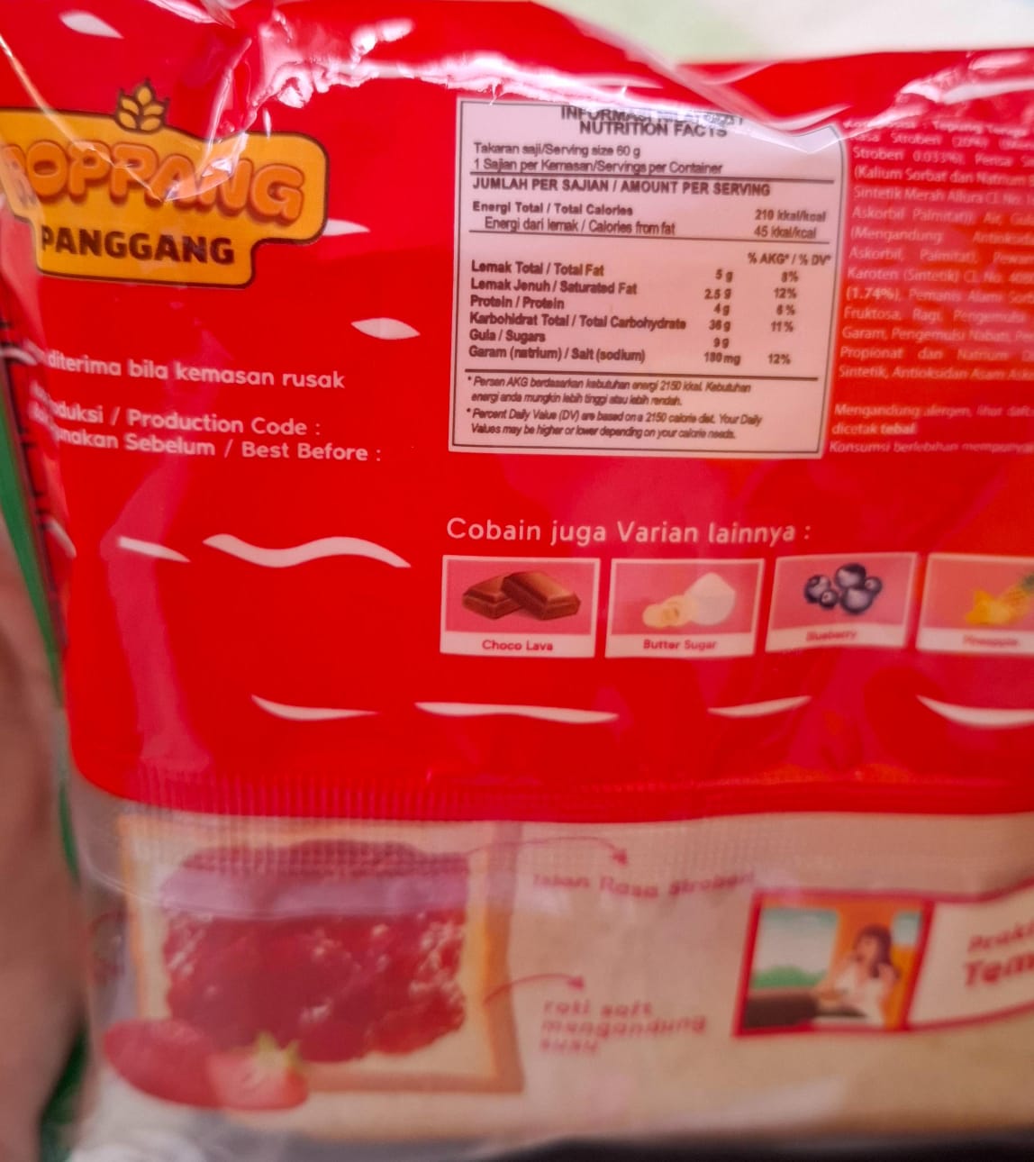 Nilai kandungan gizi Roppang Panggang Rasa Strawberry Jam