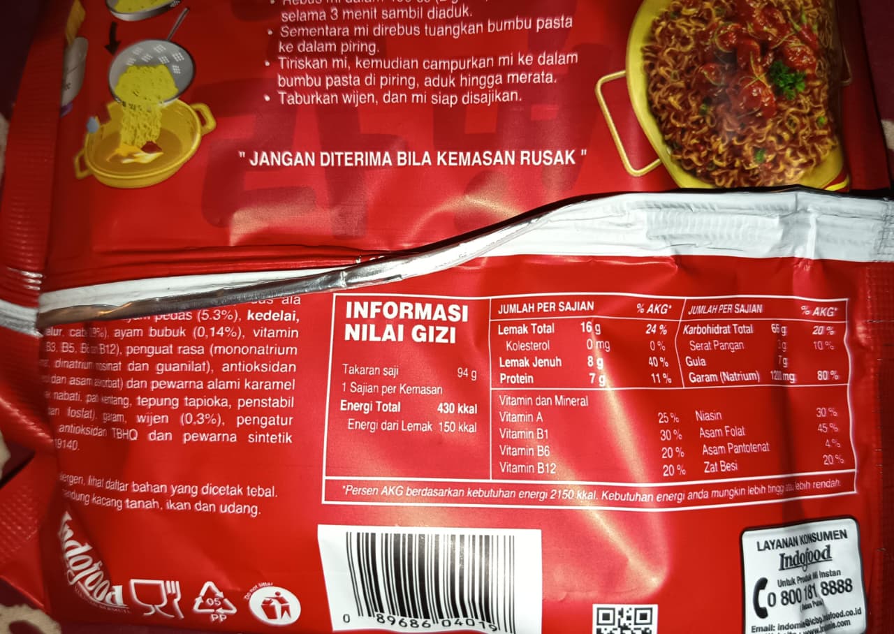 Nilai kandungan gizi Indomie Fiery Chikin Flavor