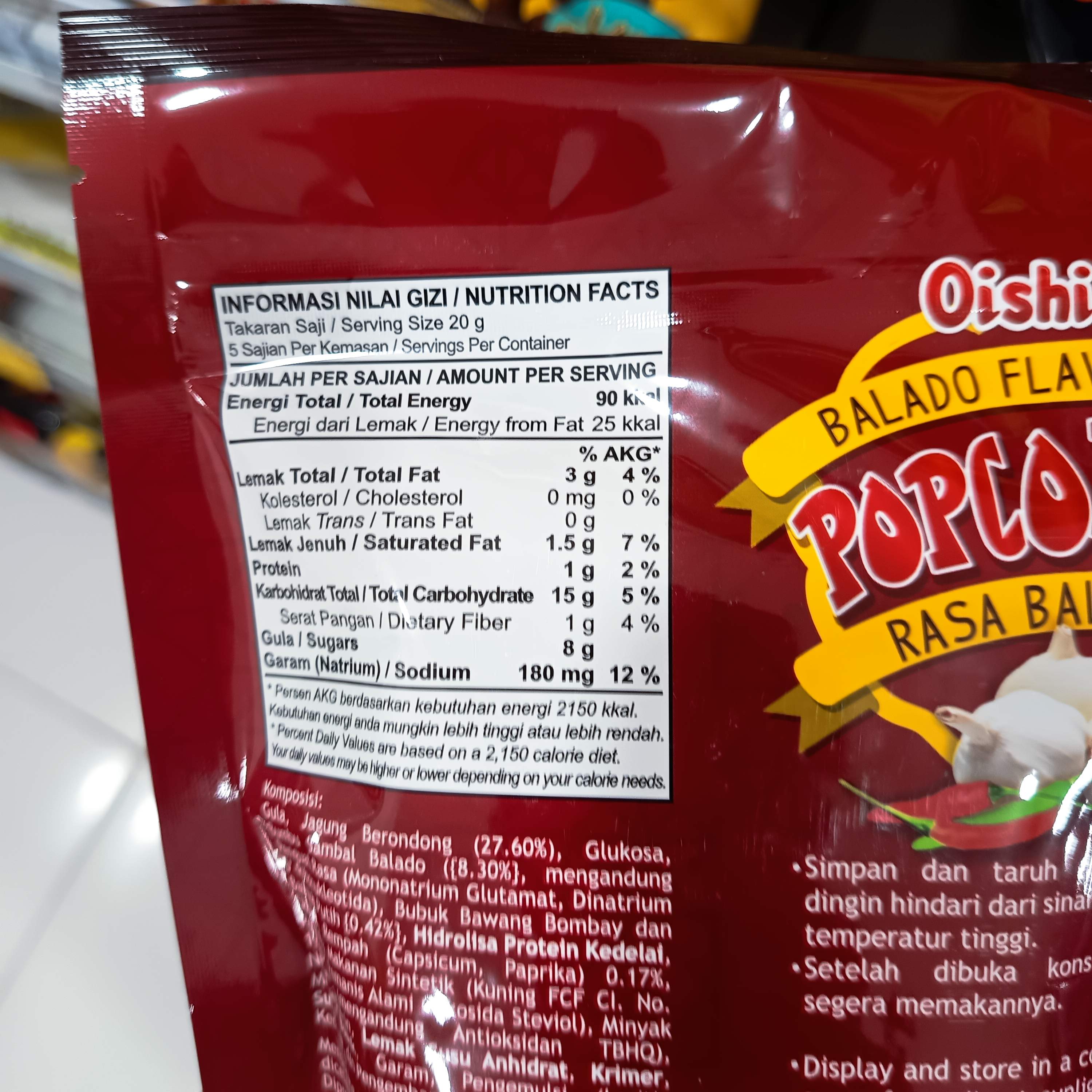 Nilai kandungan gizi Oishi Balado Flavor Popcorn